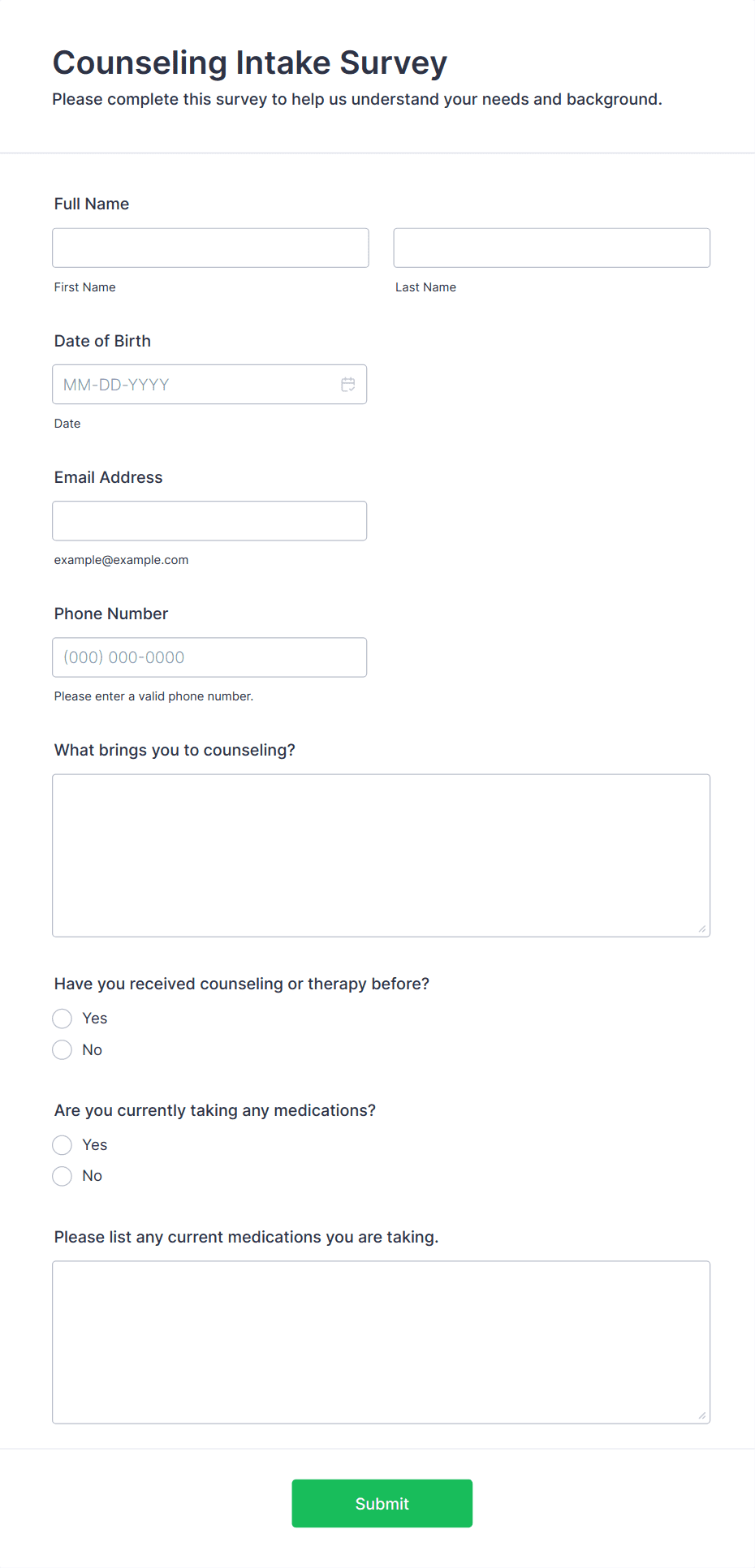 Counseling Intake Survey Form Template | Jotform