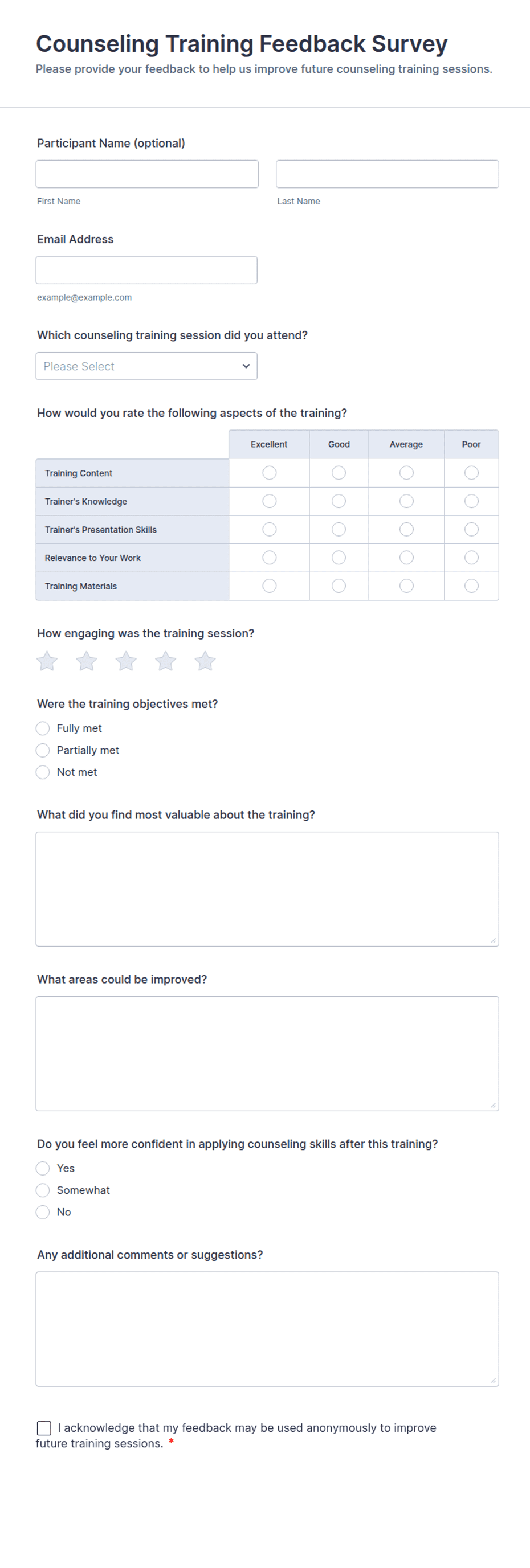 Counseling Training Feedback Survey Form Template | Jotform
