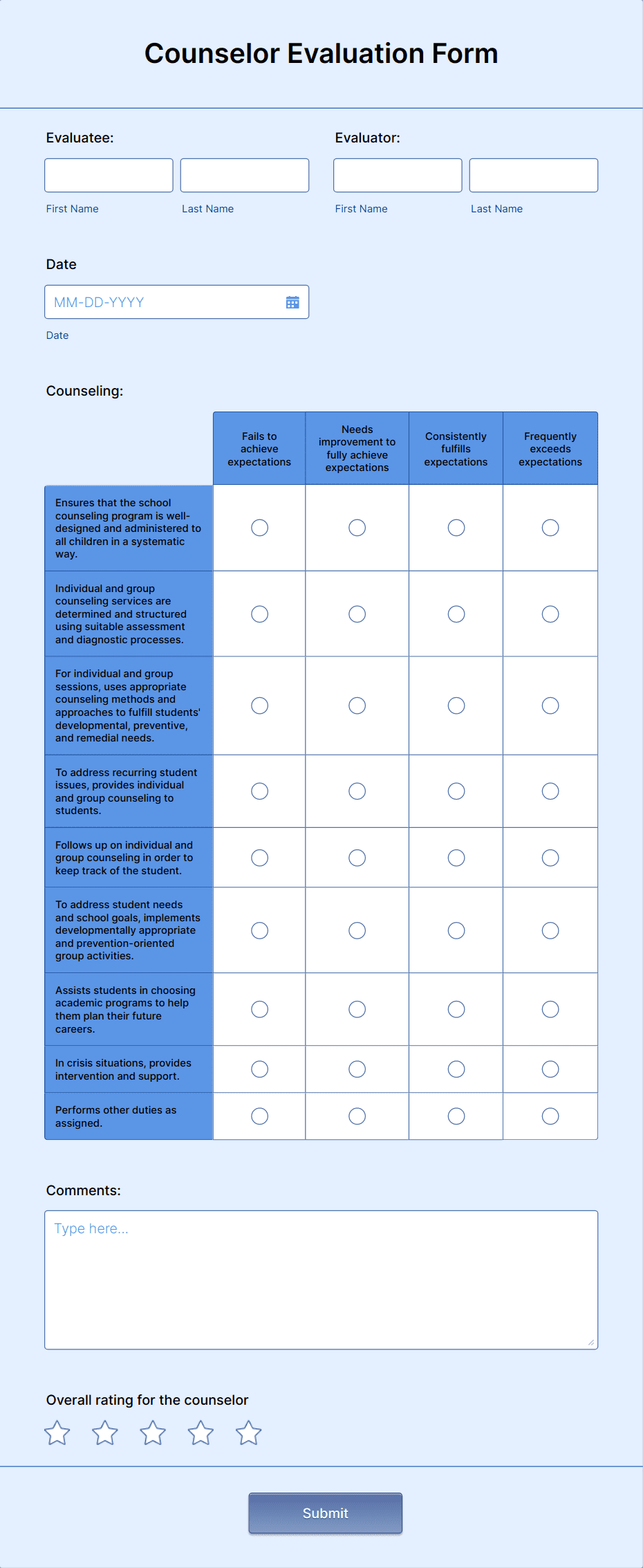 Counselor Evaluation Form Template | Jotform