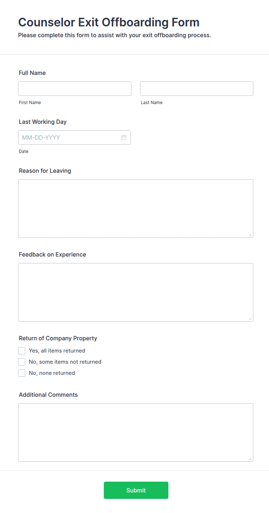 Counselor Exit Offboarding Form Template | Jotform