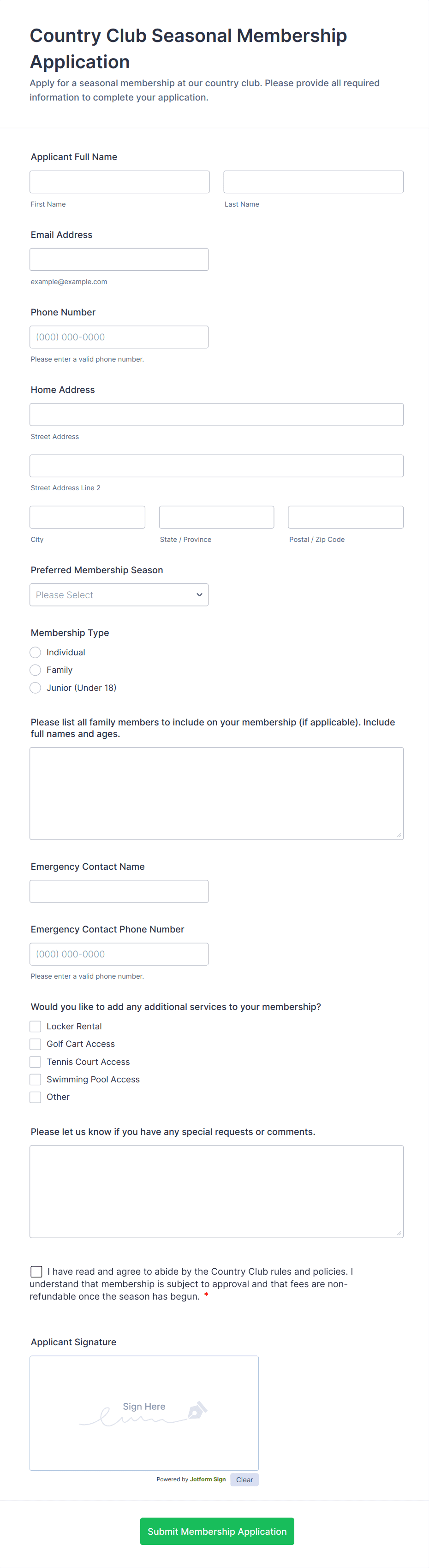 Country Club Seasonal Membership Application Form Template | Jotform
