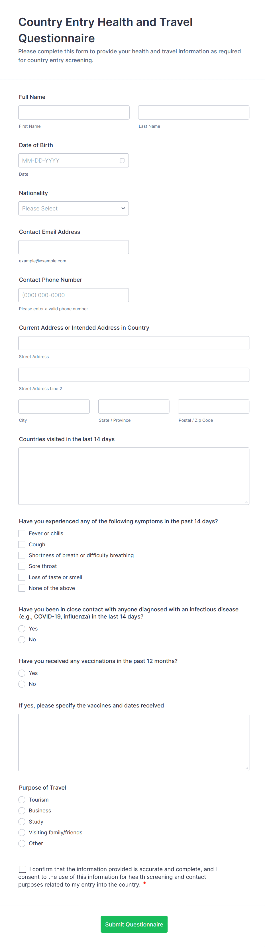 Country Entry Health and Travel Questionnaire Form Template | Jotform