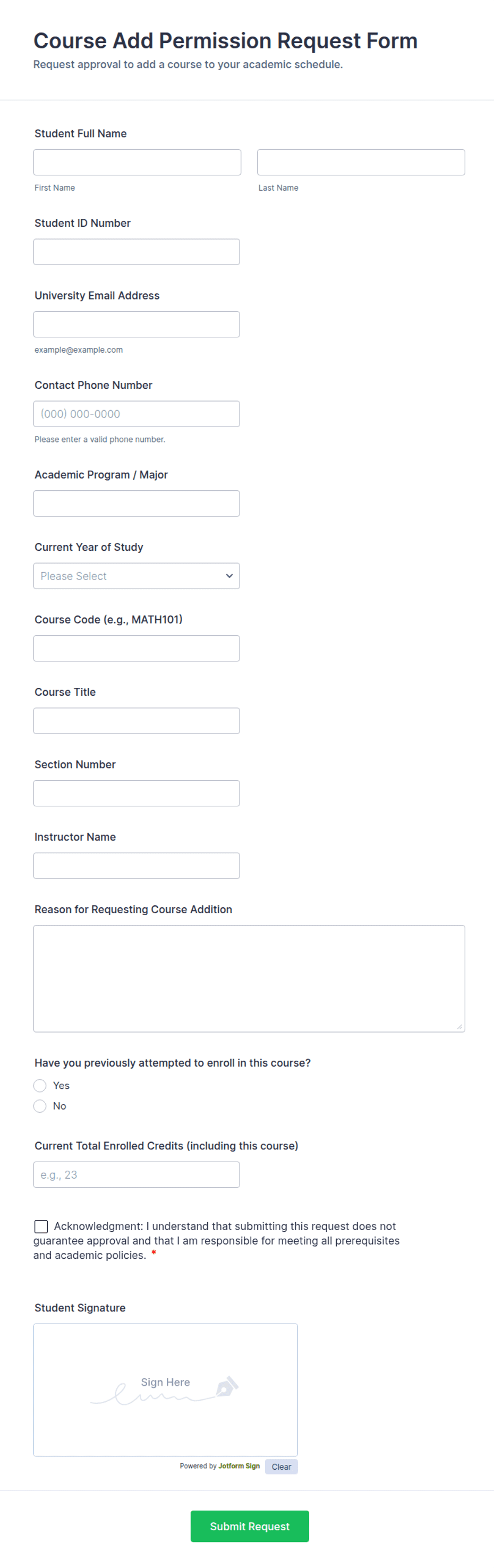 Course Add Permission Request Form Template | Jotform