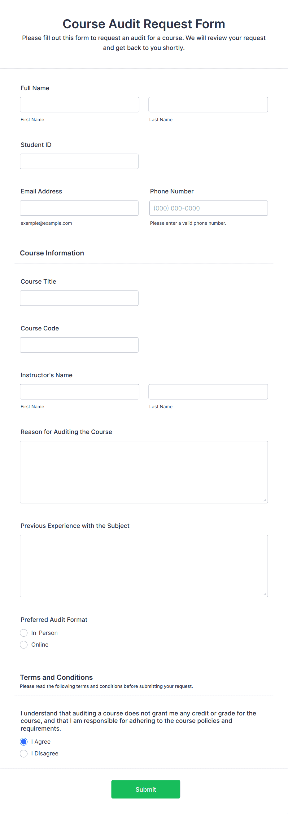 Course Audit Request Form Template | Jotform