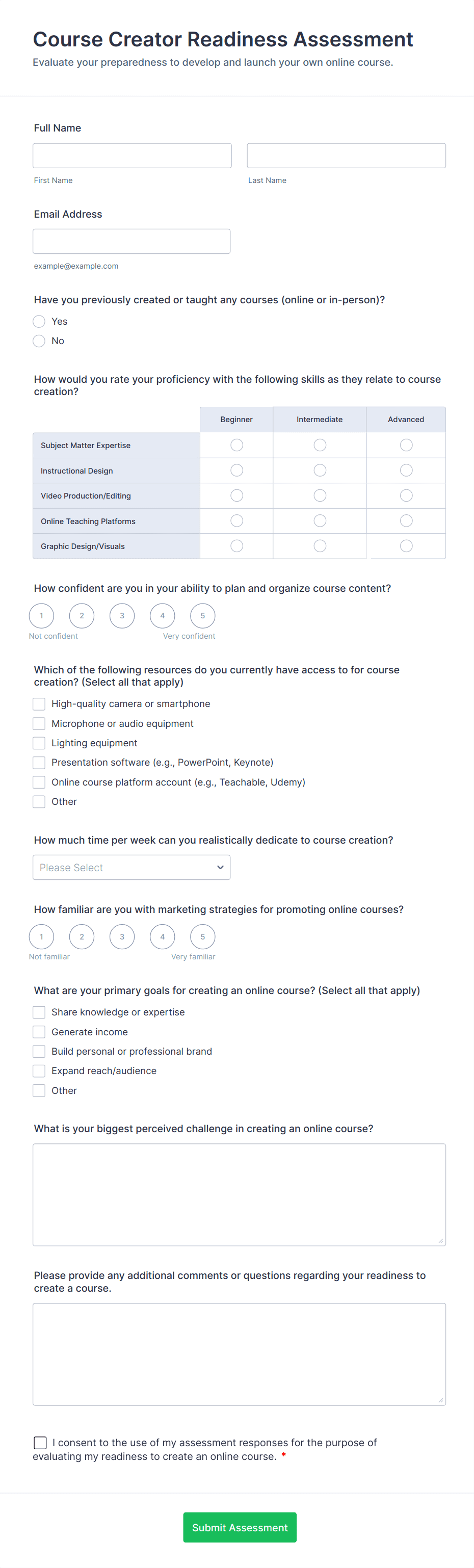 Course Creator Readiness Assessment Form Template | Jotform