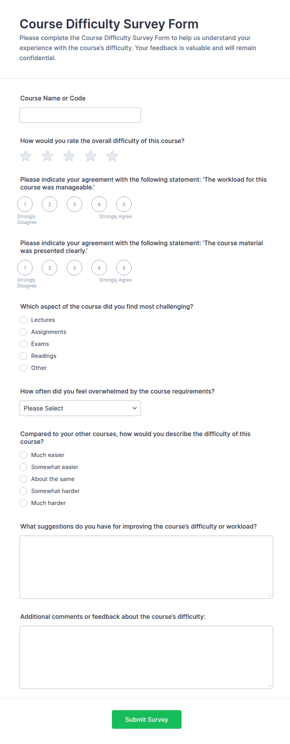 Course Difficulty Survey Form Template | Jotform