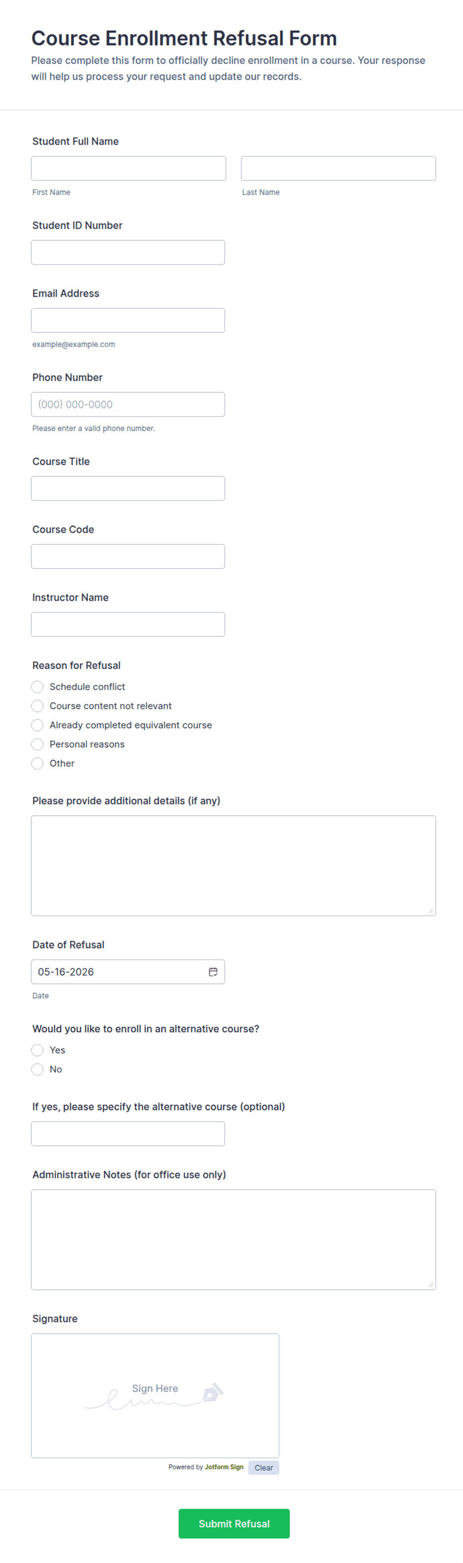 Course Enrollment Refusal Form Template | Jotform