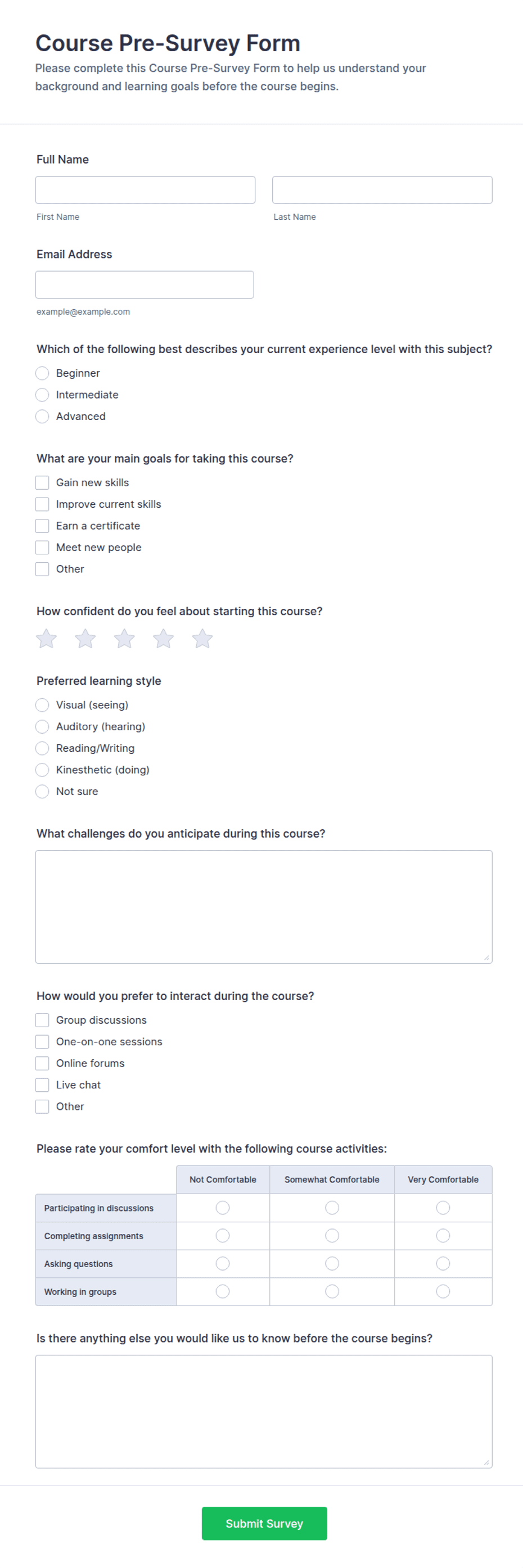 Course Pre-Survey Form Template | Jotform