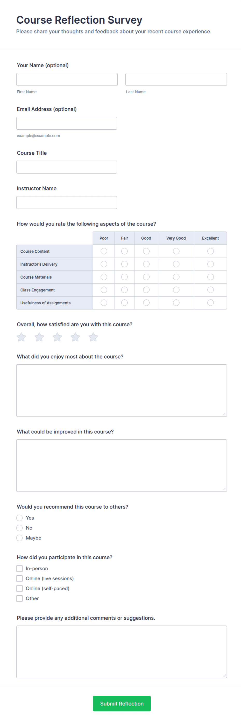 Course Reflection Survey Form Template | Jotform