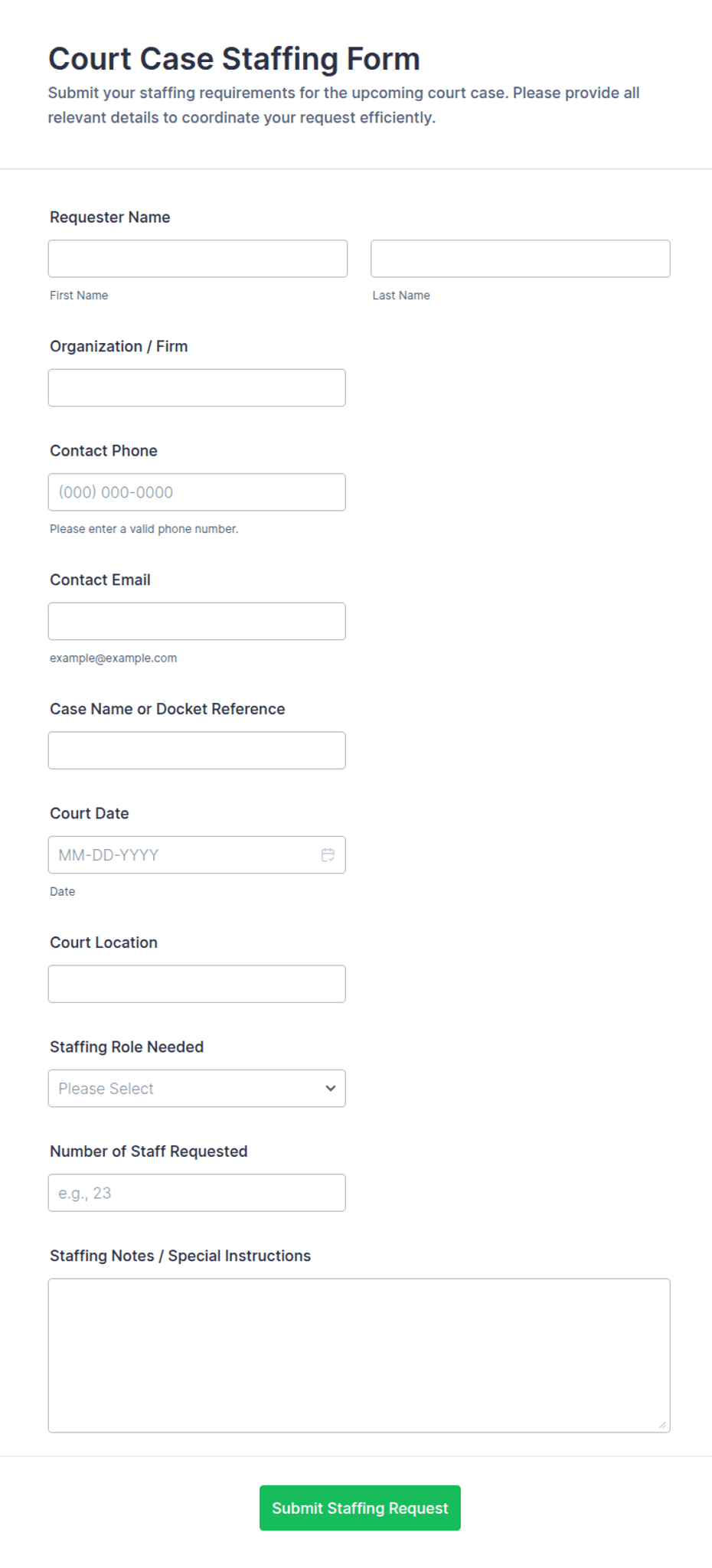 Court Case Staffing Form Template | Jotform