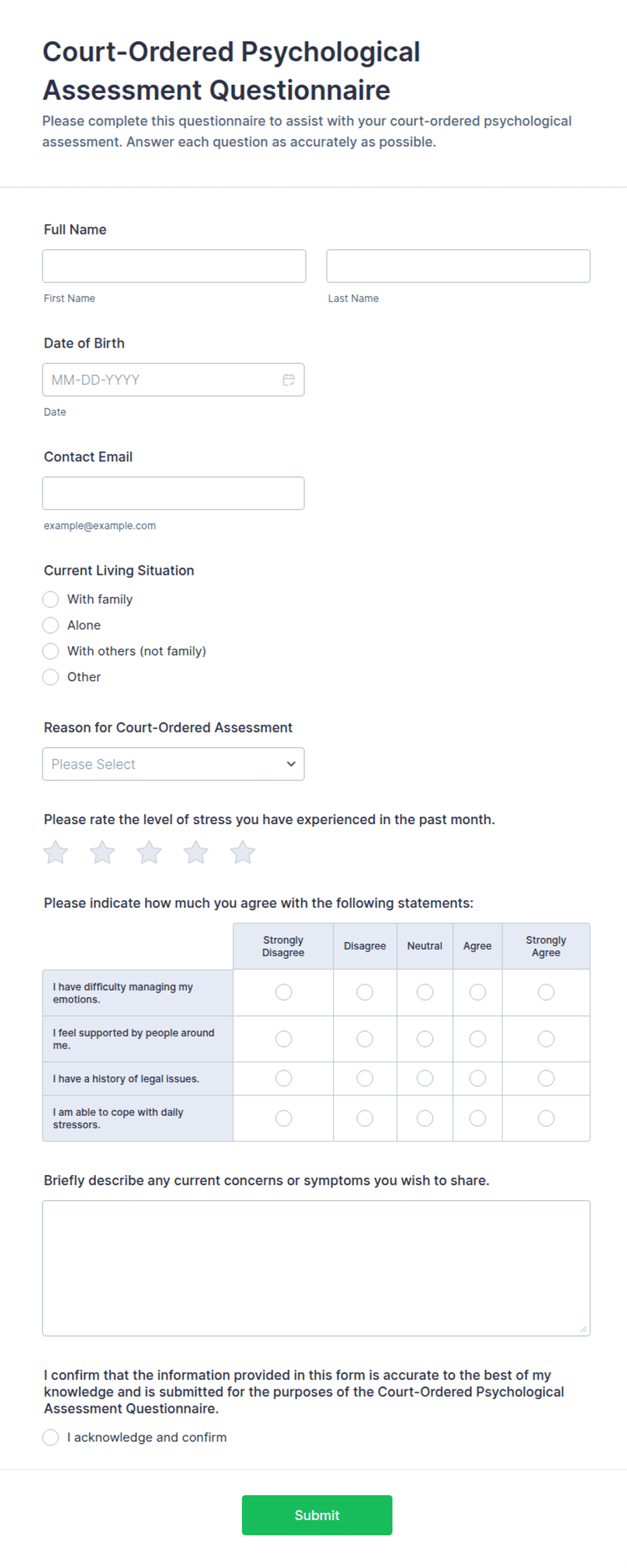 Court-Ordered Psychological Assessment Questionnaire Form Template ...