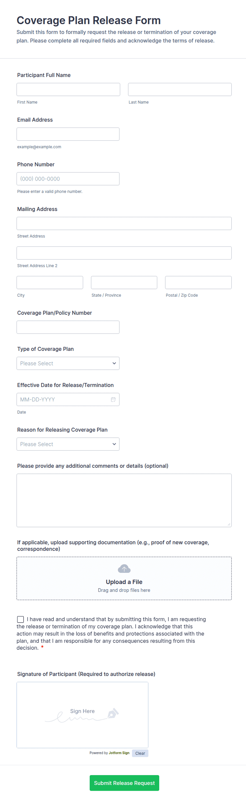 Coverage Plan Release Form Template | Jotform