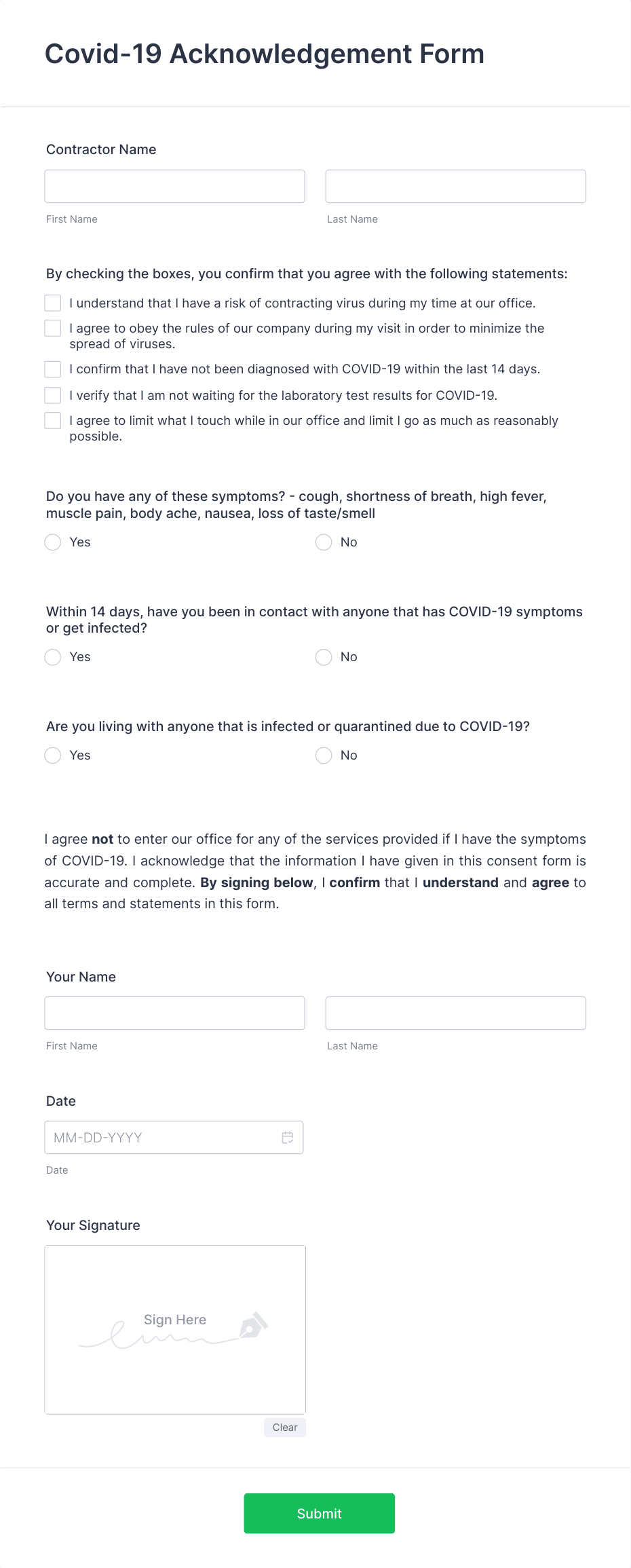 Covid-19 Acknowledgement Form Template | Jotform