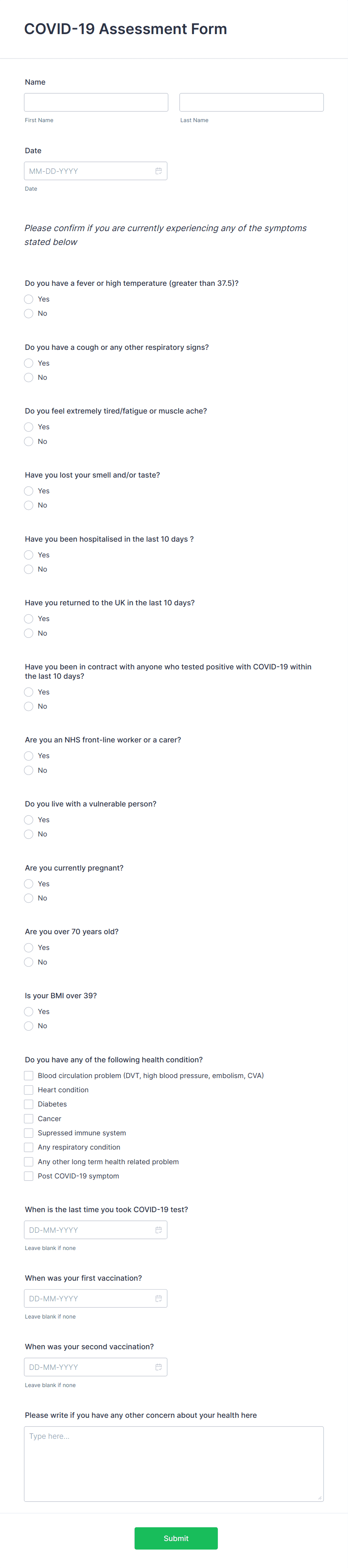 COVID-19 Assessment Form Template | Jotform