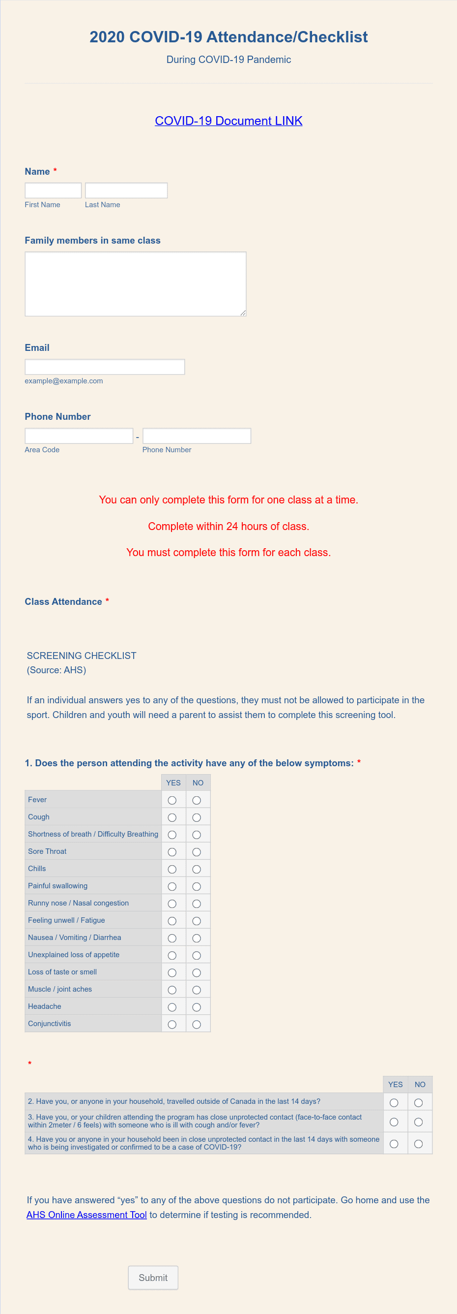 COVID-19 AttendanceChecklist Form Template | Jotform
