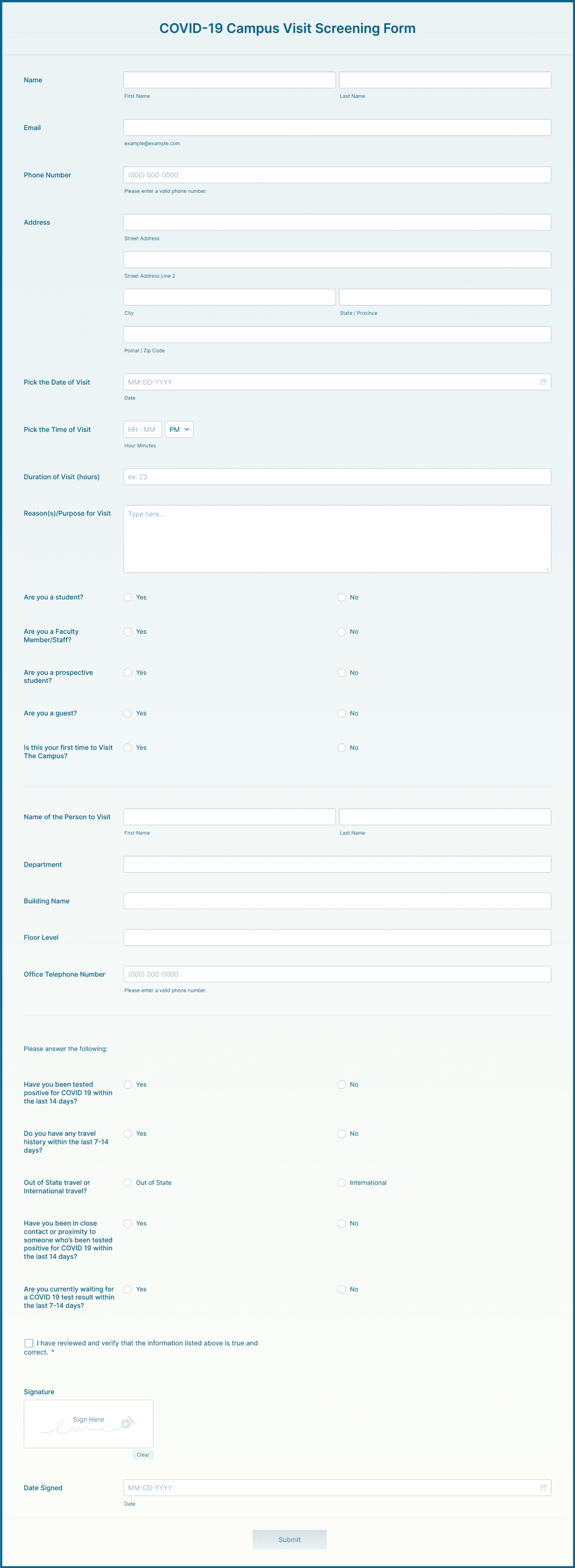 COVID-19 Campus Visit Screening Form Template | Jotform