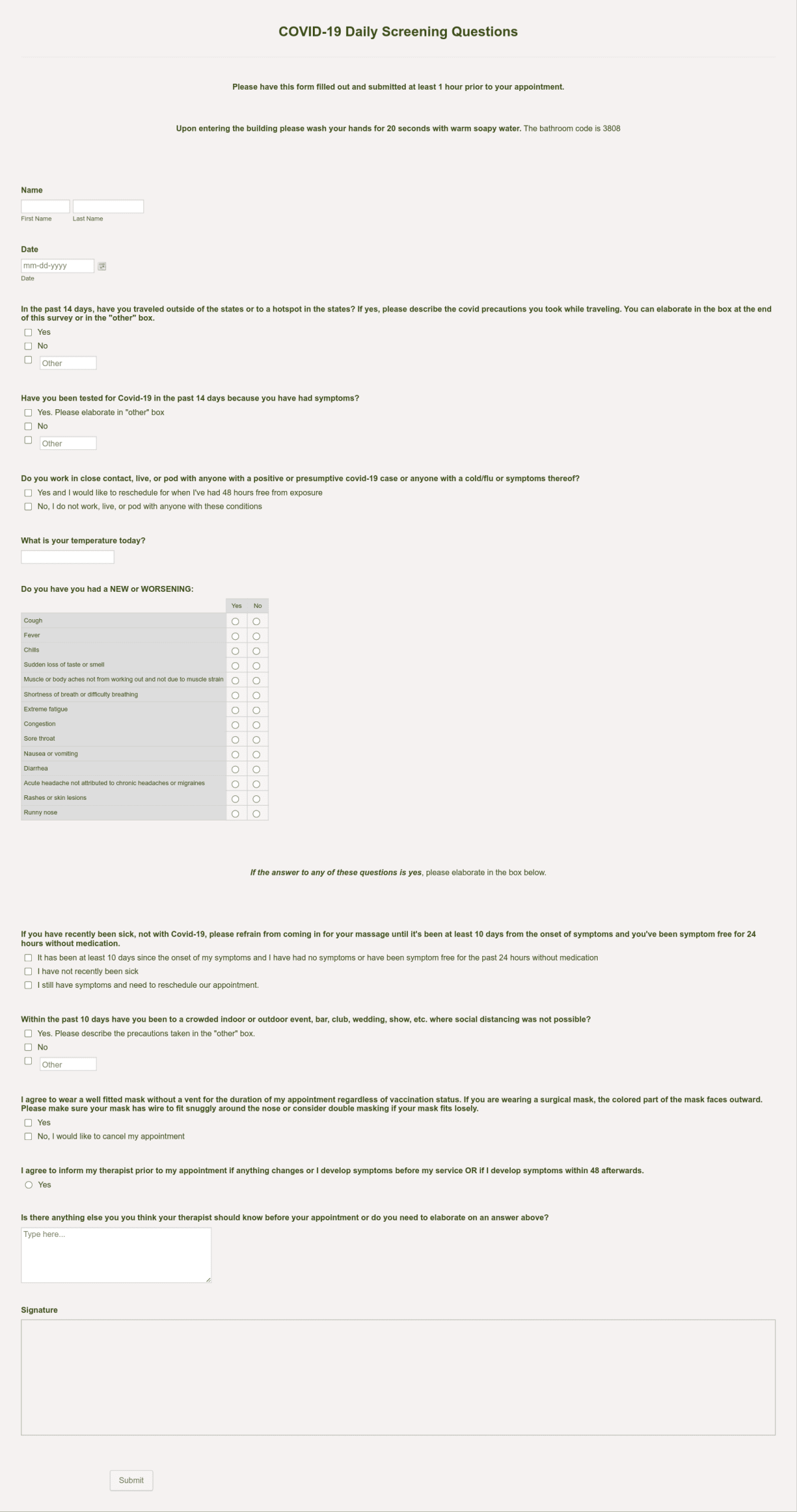 COVID-19 Daily Screening Questions for Vaccinated Cli... Form Template ...