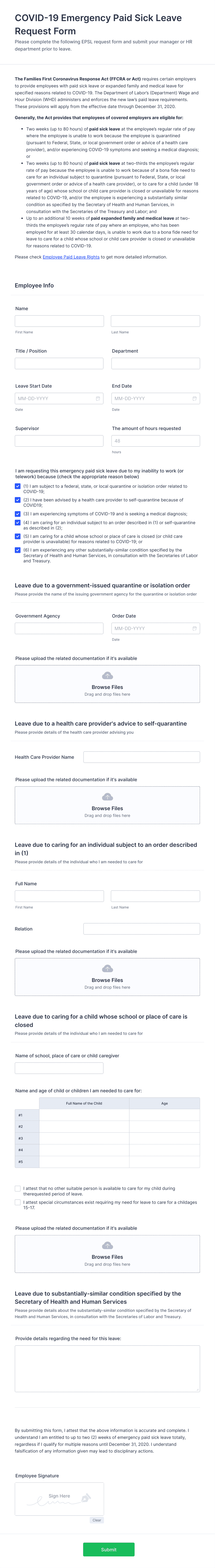 COVID-19 Emergency Paid Sick Leave Request Form Template | Jotform