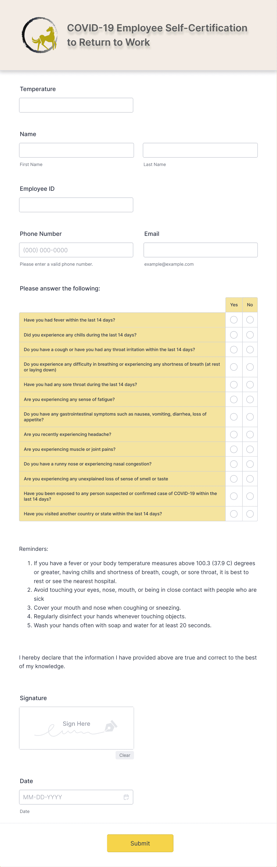 COVID-19 Employee Self-Certification to Return to Work Form Template ...