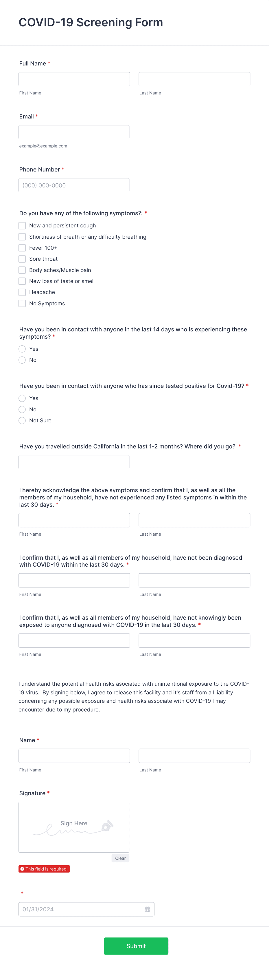 COVID-19 Exposure Agreement Form Template | Jotform