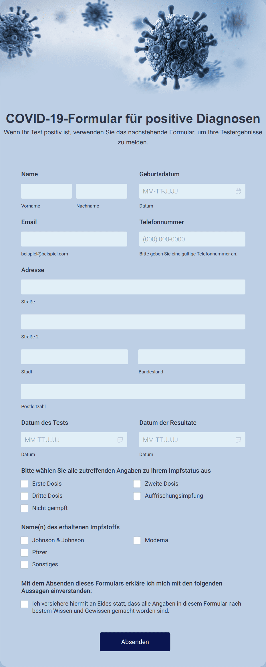 COVID-19-Formular für positive Diagnosen Formularvorlage | Jotform