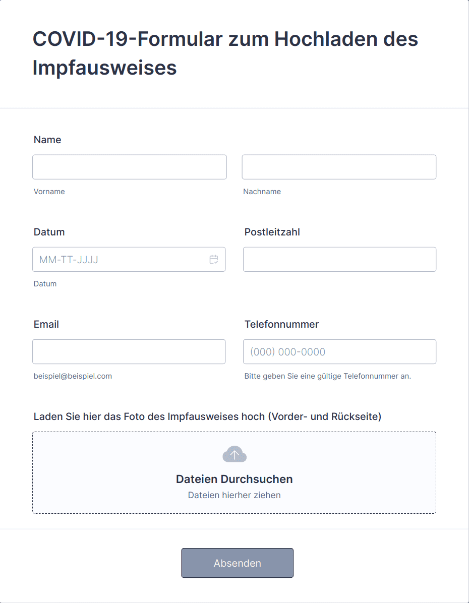 COVID-19-Formular zum Hochladen des Impfausweises Formularvorlage | Jotform