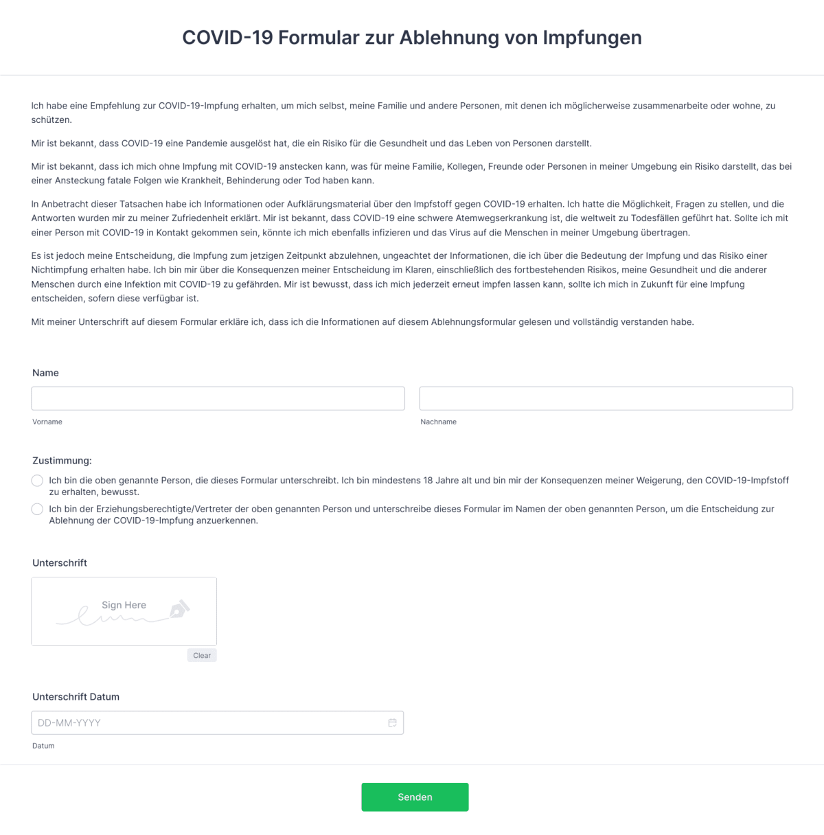 COVID-19 Formular zur Ablehnung von Impfungen Formularvorlage | Jotform
