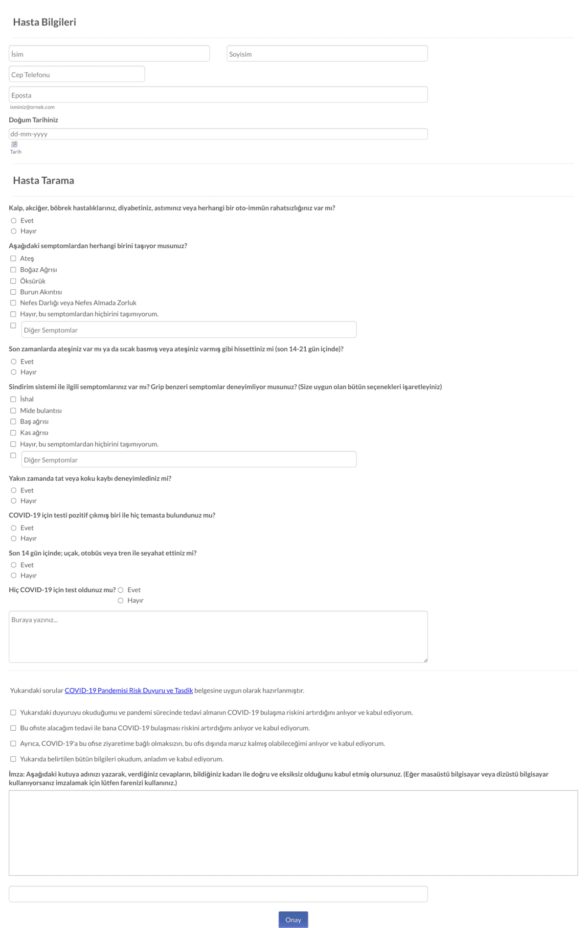COVID-19 Hasta Ön-Tarama İfşa Formu V3 Formu Örneği | Jotform