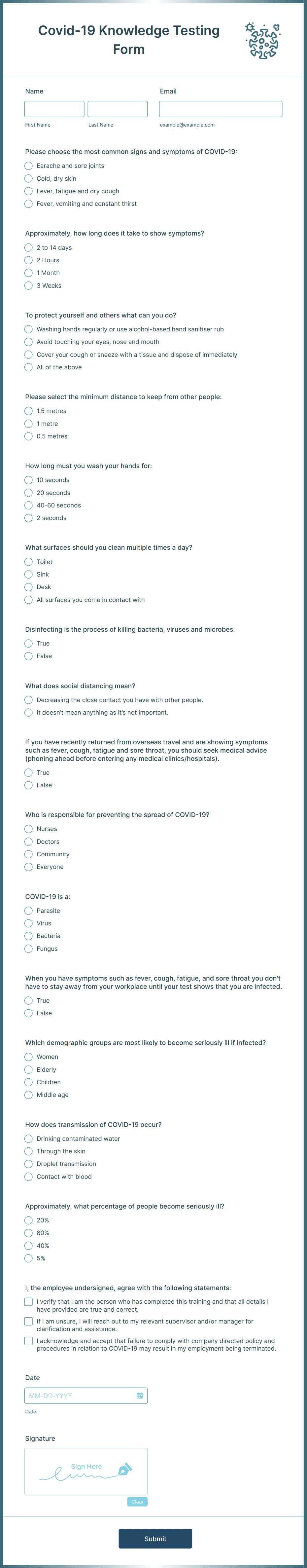 Covid-19 Knowledge Testing Form Template | Jotform