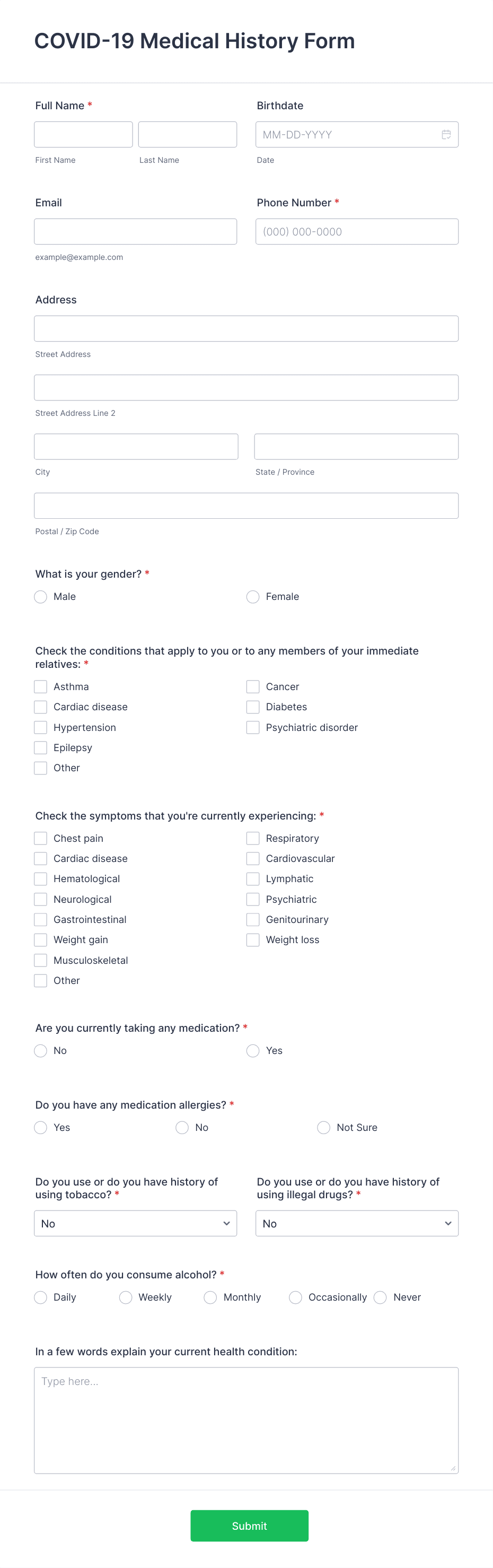 COVID-19 Medical History Form Template | Jotform
