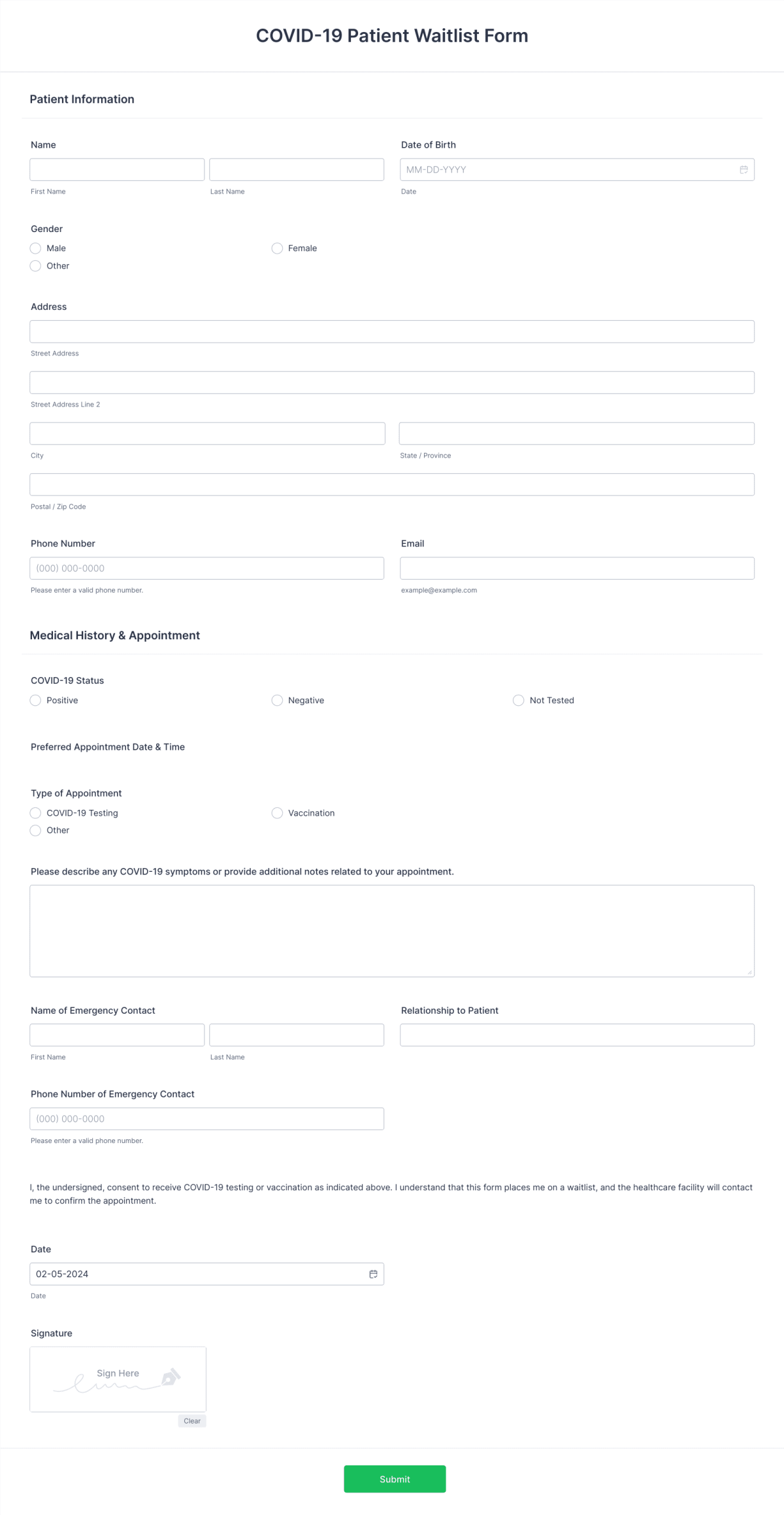 COVID-19 Patient Waitlist Form Template | Jotform