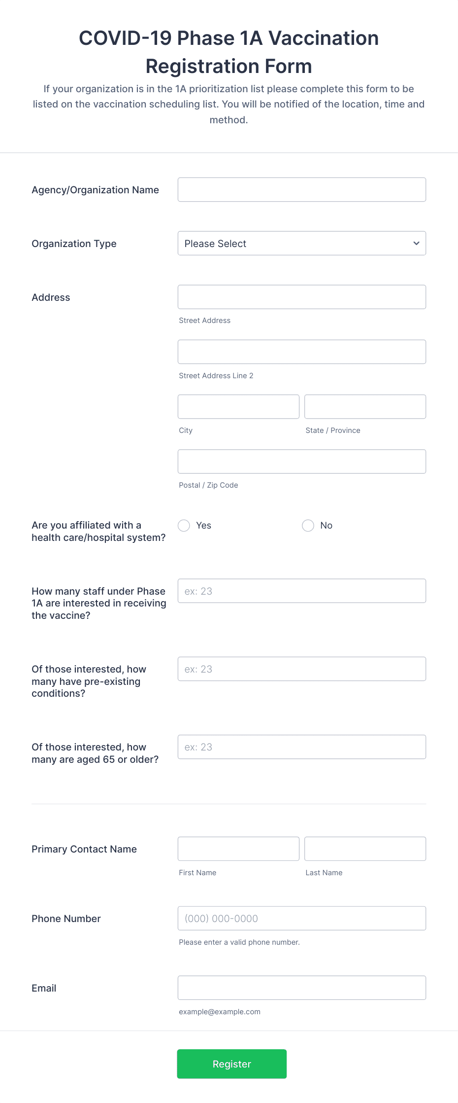 COVID-19 Phase 1A Vaccination Registration Form Template | Jotform