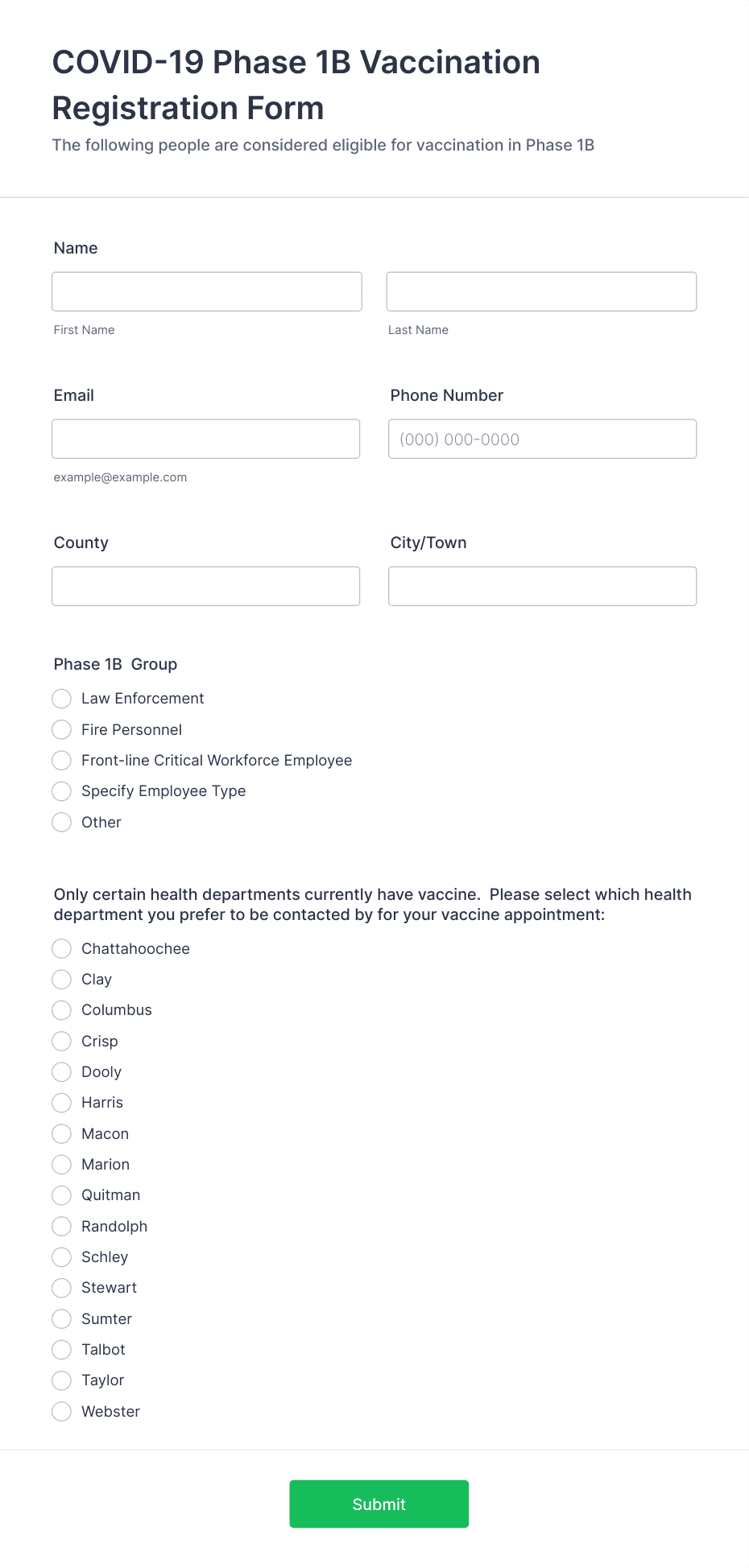 COVID-19 Phase 1B Vaccination Registration Form Template | Jotform