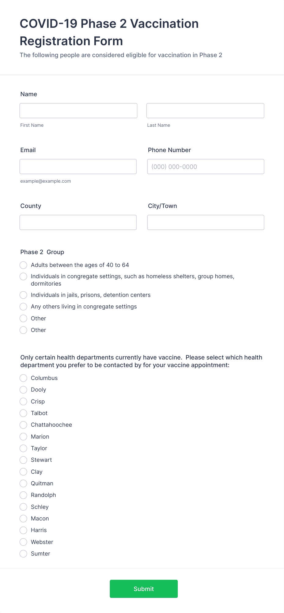 COVID-19 Phase 2 Vaccination Registration Form Template | Jotform