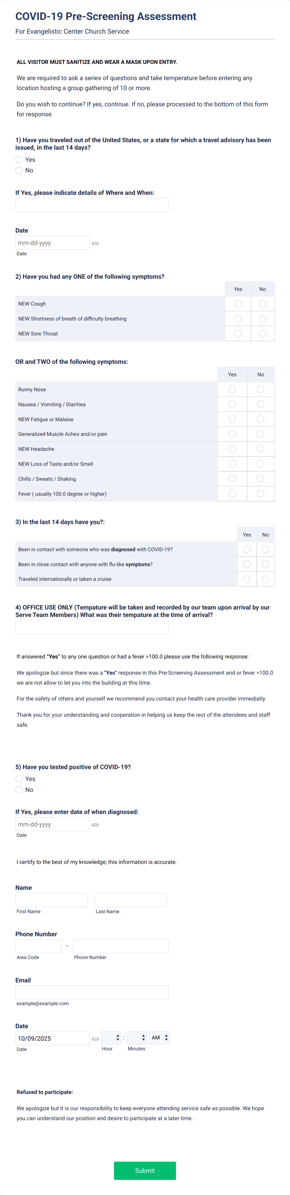 COVID-19 Pre-Screening Assessment Form Template | Jotform