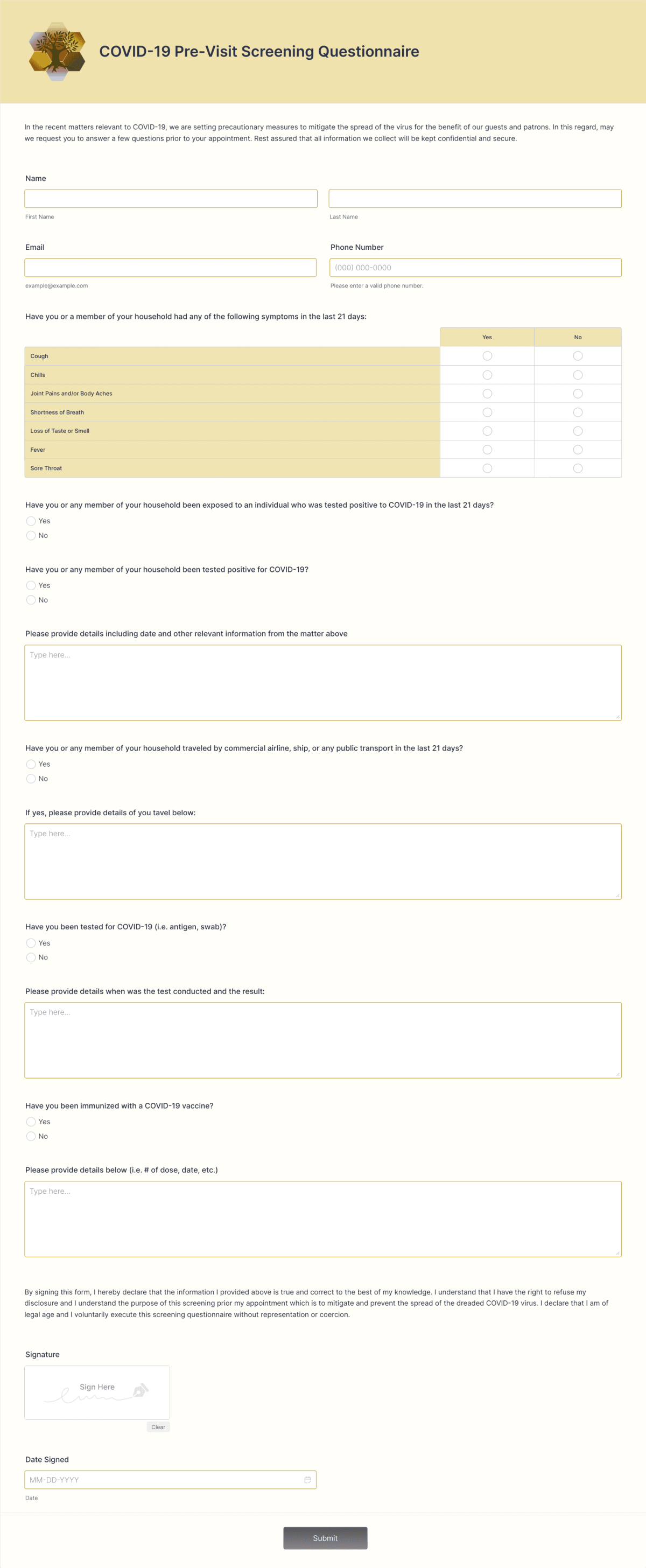 COVID-19 Pre-Visit Screening Questionnaire Form Template | Jotform
