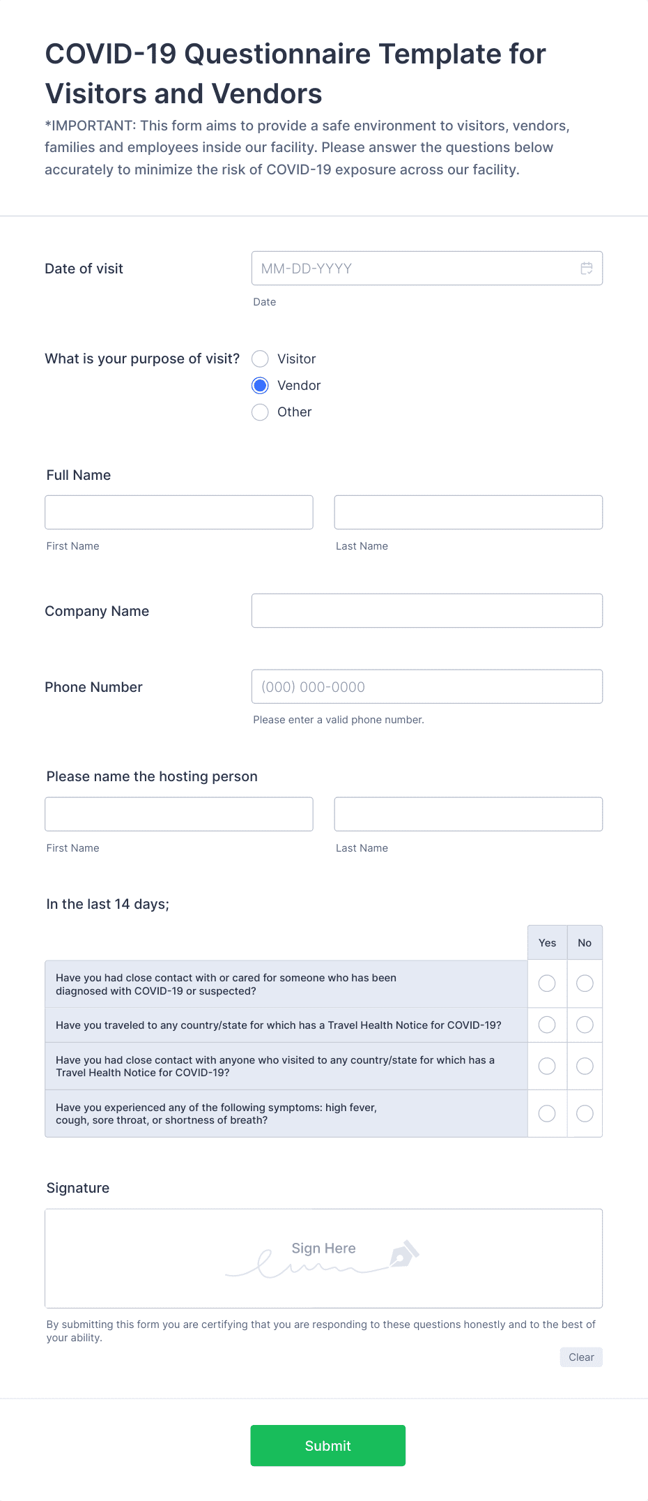COVID-19 Questionnaire Template for Visitors and Vendors Form Template ...