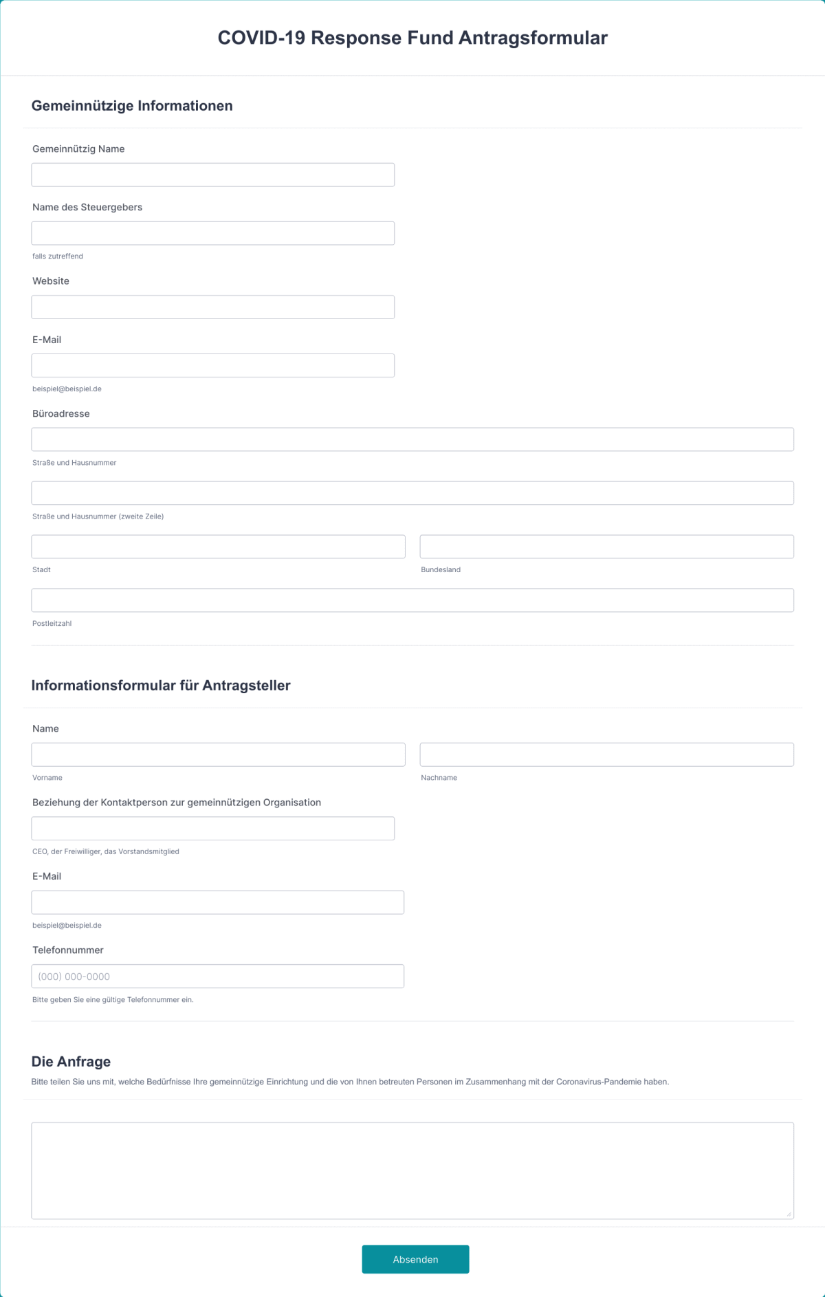 COVID-19 Response Fund Antragsformular Formularvorlage | Jotform