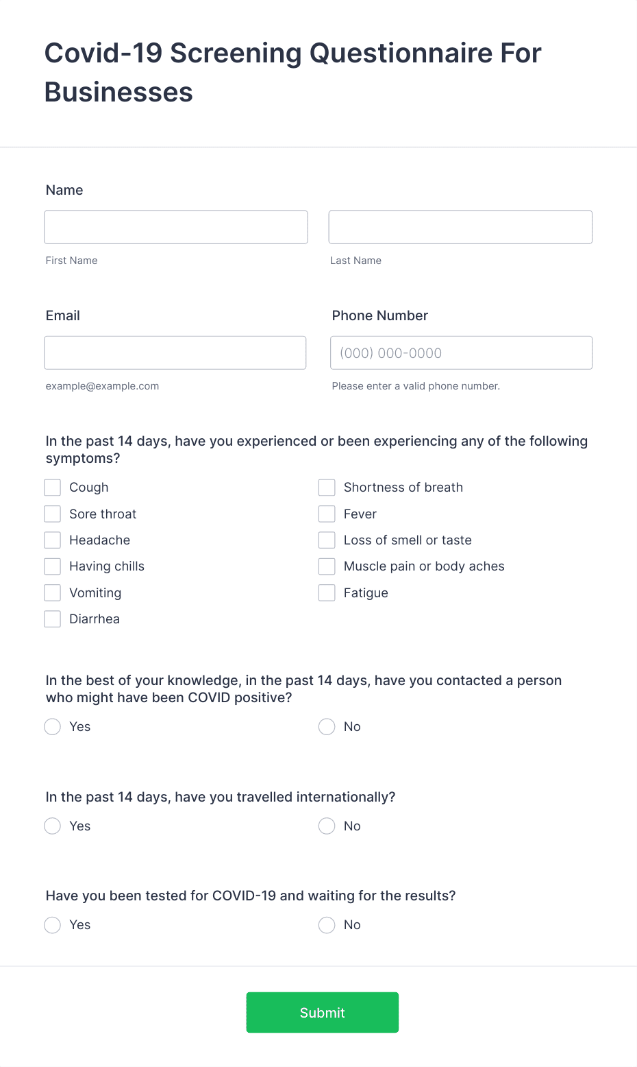 Covid-19 Screening Questionnaire For Businesses Form Template | Jotform