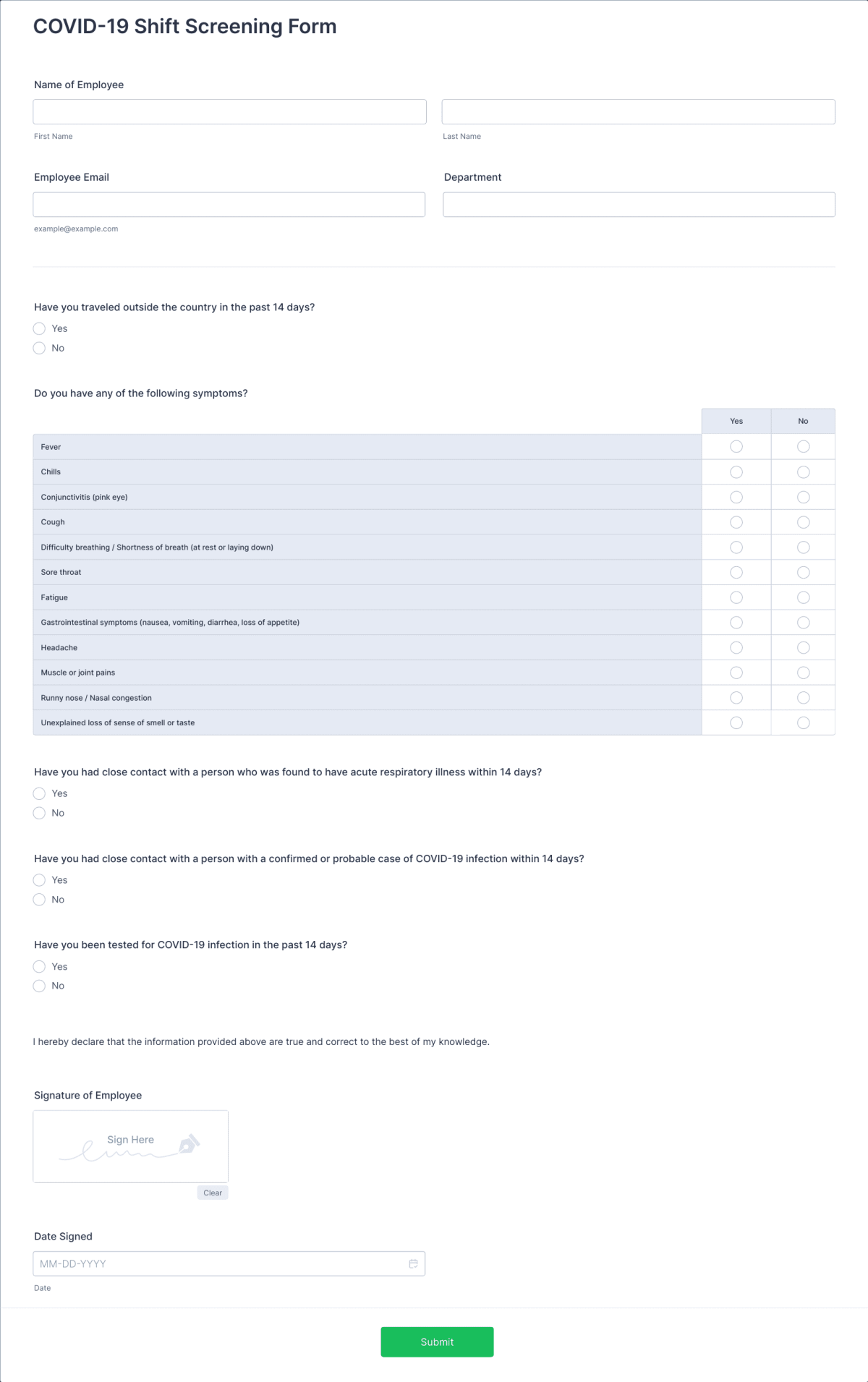 COVID-19 Shift Screening Form Template | Jotform