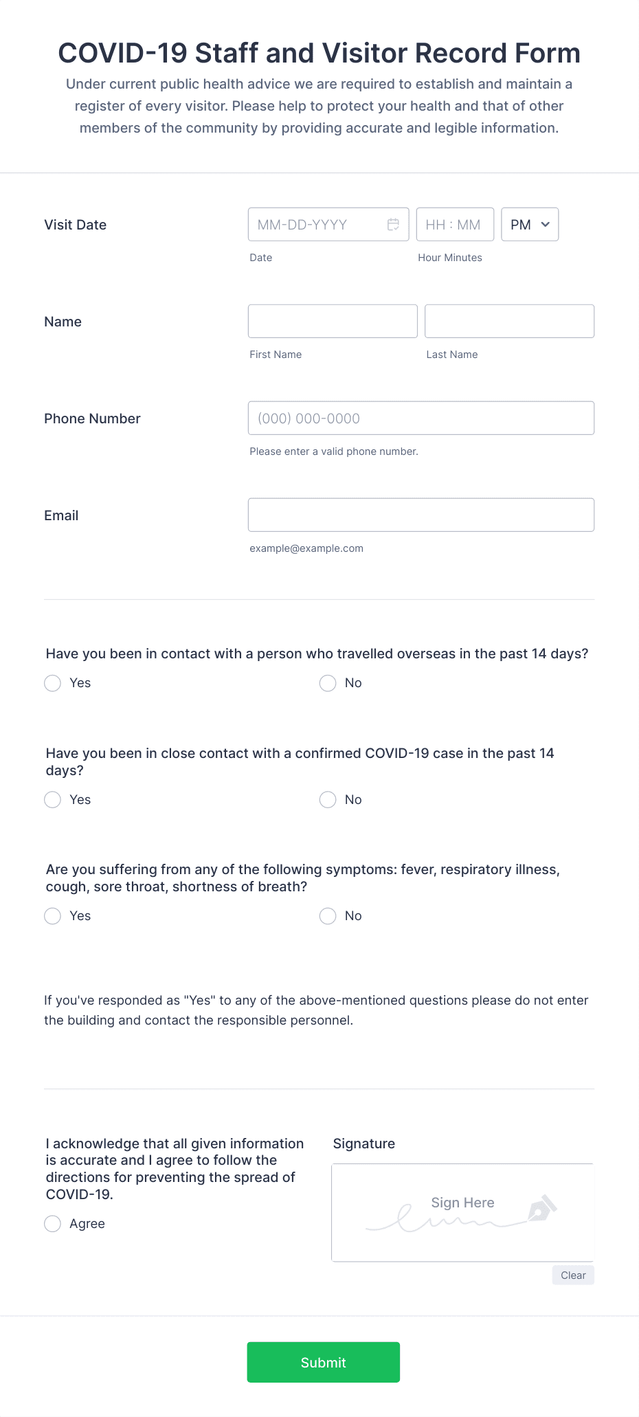 COVID-19 Staff and Visitor Record Form Template | Jotform