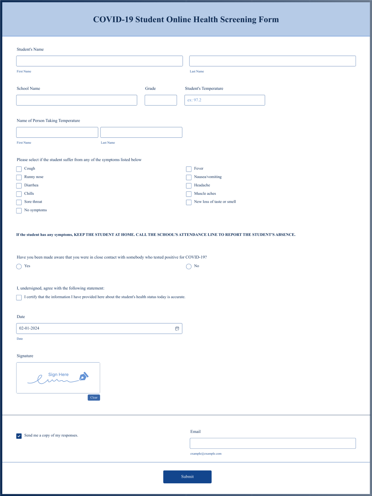 COVID-19 Student Online Health Screening Form Template | Jotform