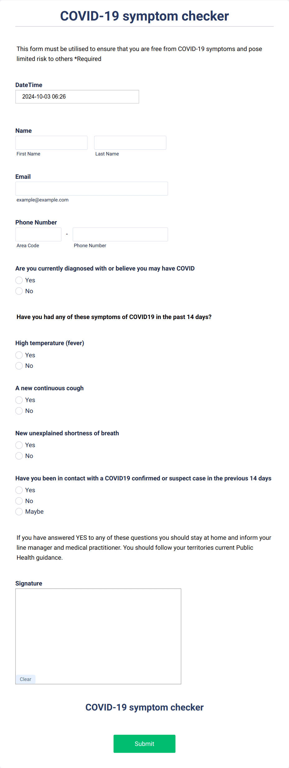 Covid-19 Symptom Checking Form Template | Jotform