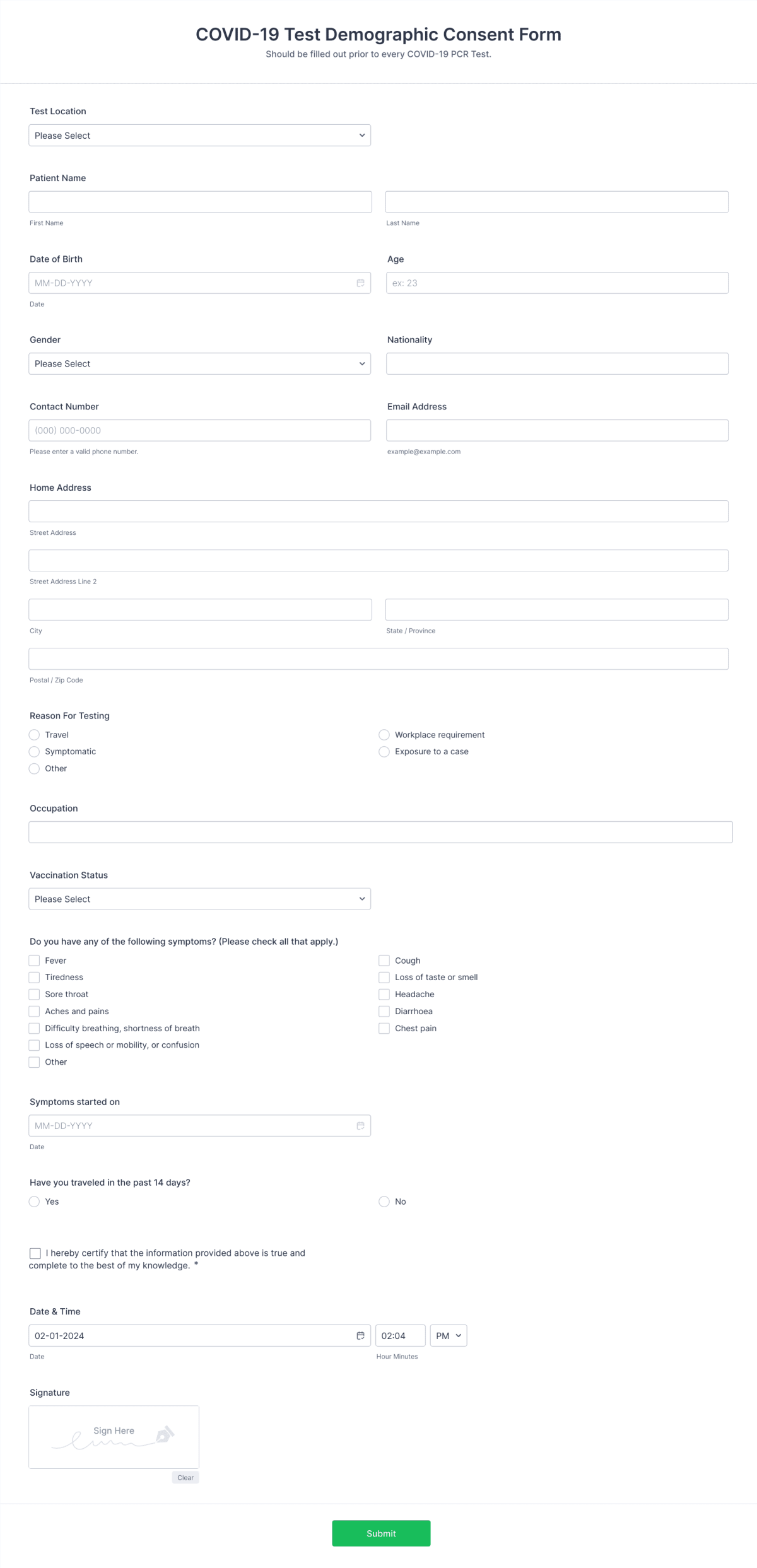 COVID-19 Testing Demographic Consent Form Template | Jotform