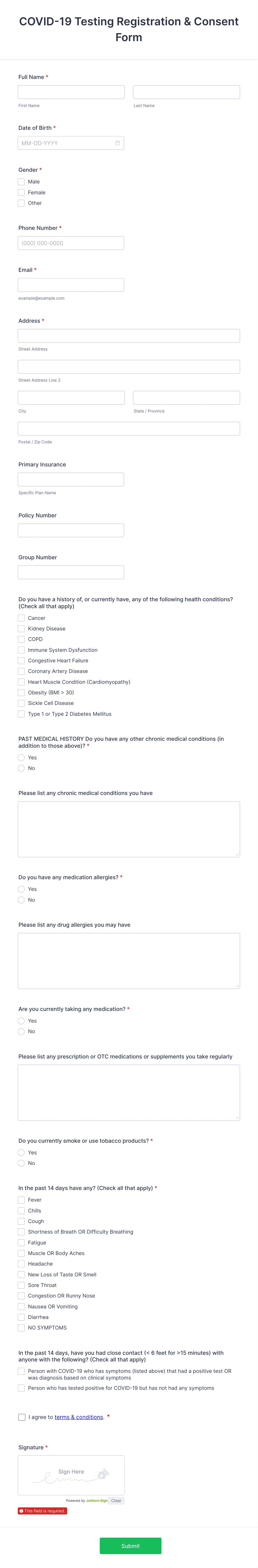 COVID-19 Testing Registration and Consent Form Template | Jotform