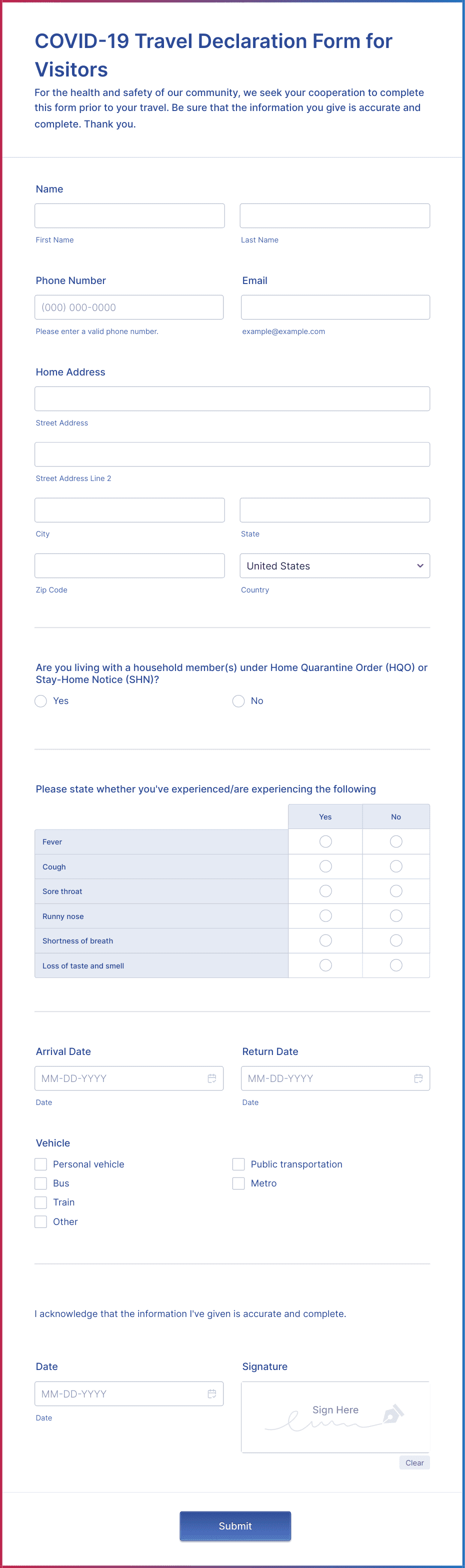 COVID-19 Travel Declaration Form for Visitors Form Template | Jotform