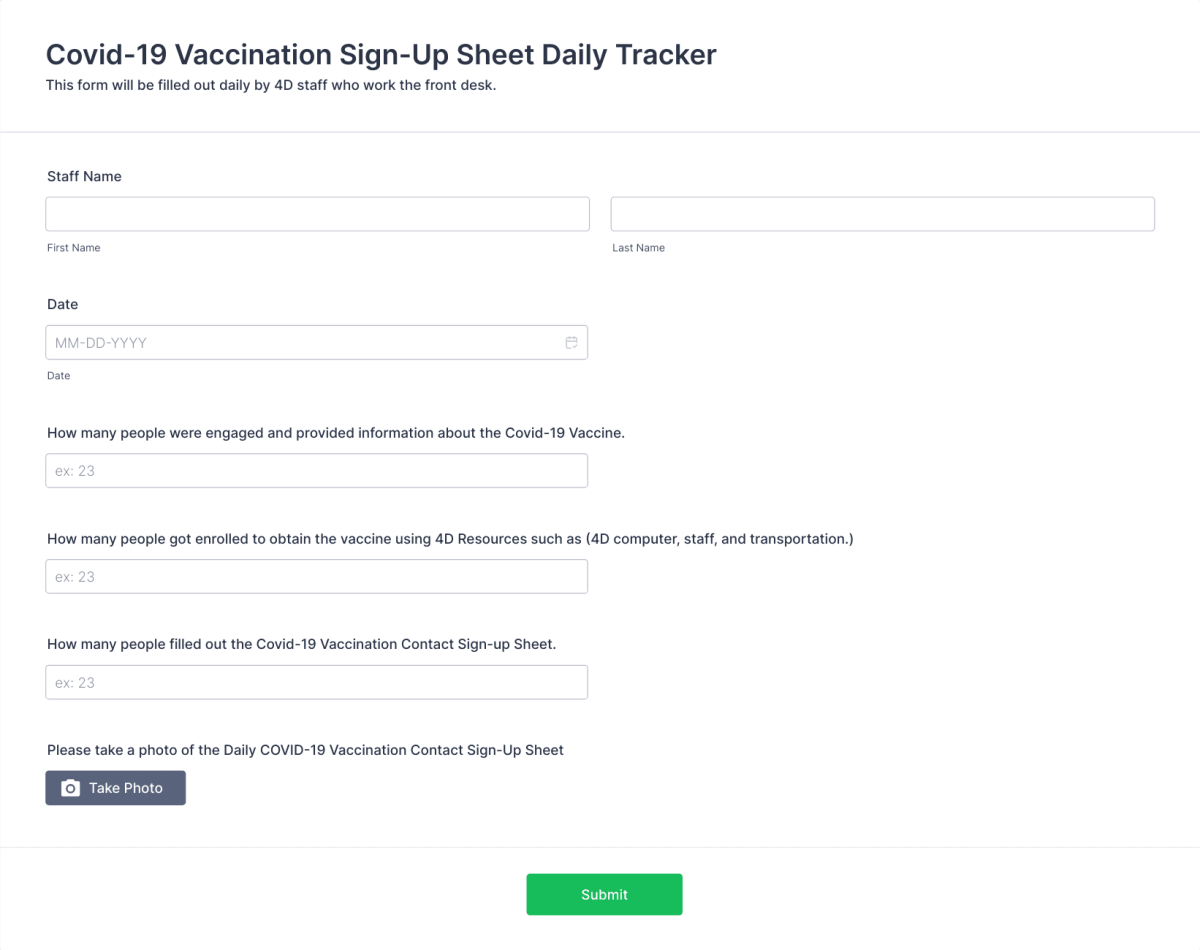 COVID-19 Vaccination Center Front Desk Daily Report Form Template | Jotform