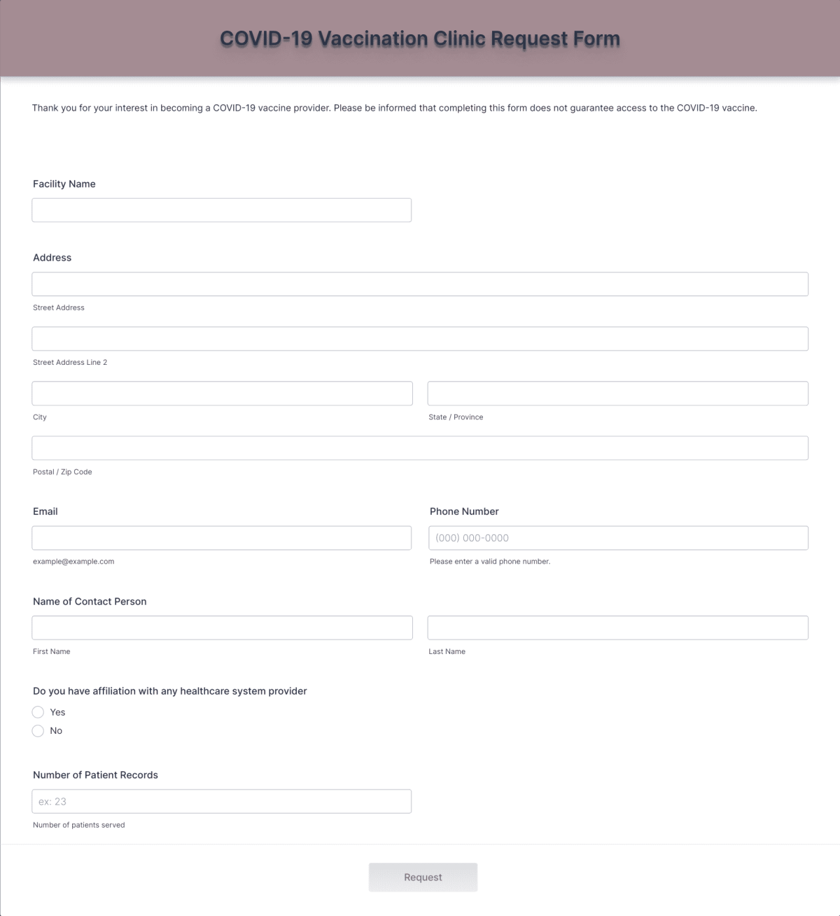 COVID-19 Vaccination Clinic Request Form Template | Jotform