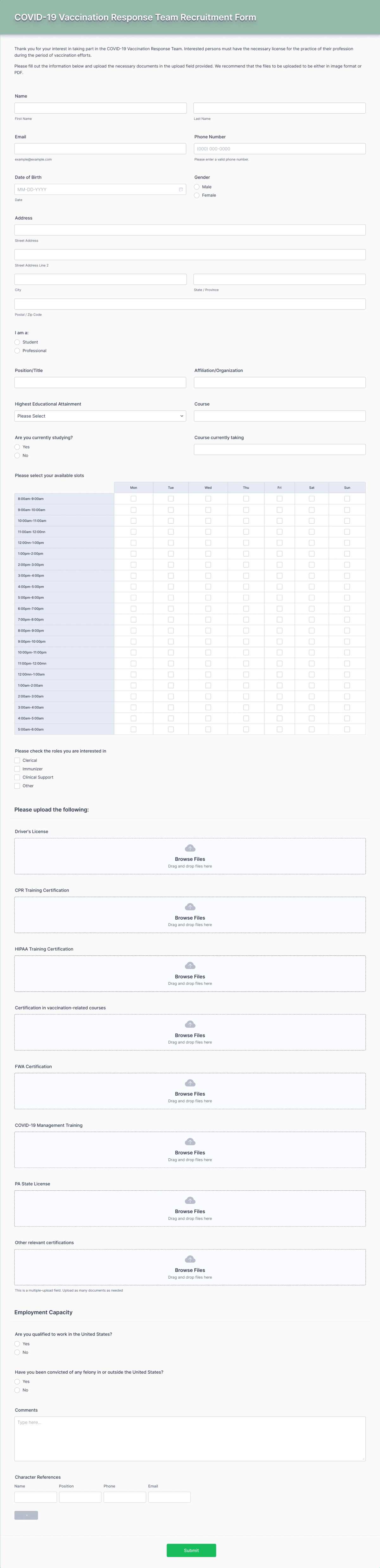 COVID-19 Vaccination Response Team Recruitment Form Template | Jotform