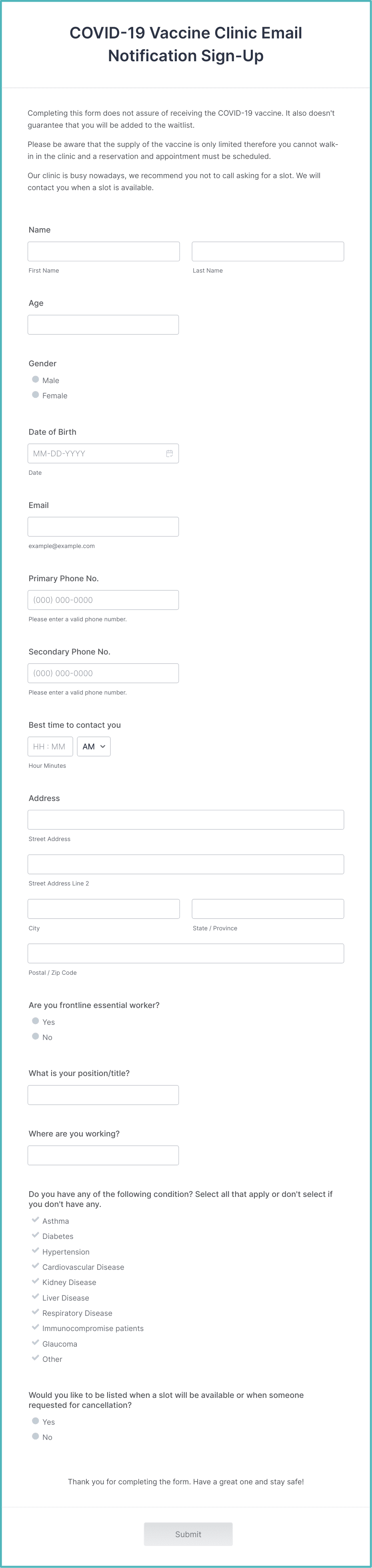 COVID-19 Vaccine Clinic Email Notification Sign-Up Form Template | Jotform